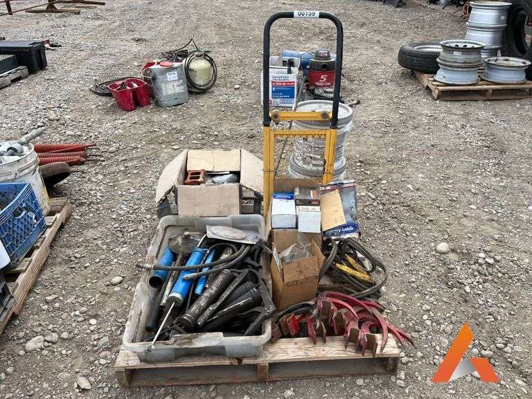 Pallet of Grease Guns, Oil Filters Jumper Cables Manifold Tile Adhesive ...