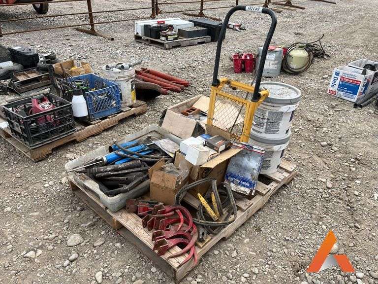 Pallet of Grease Guns, Oil Filters Jumper Cables Manifold Tile Adhesive ...