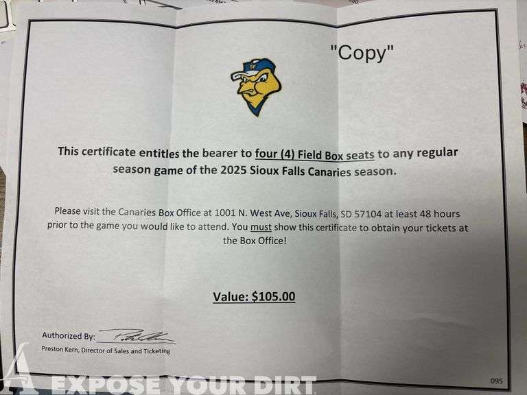 4 field box seats to any regular season Sioux Falls Canaries baseball ...