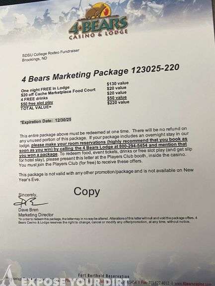 One free night, $20 off food court, 4 free drinks, $50 slot play ...