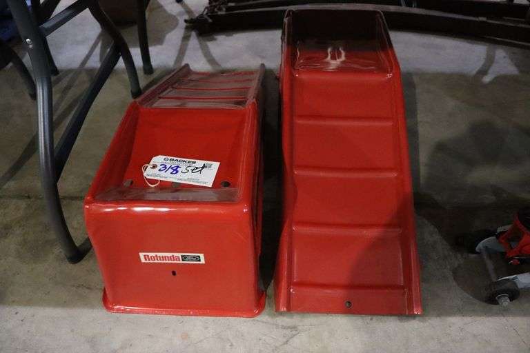 Set of Rotunda Ford 34" red metal car ramps - Backes Commercial Auctioneers