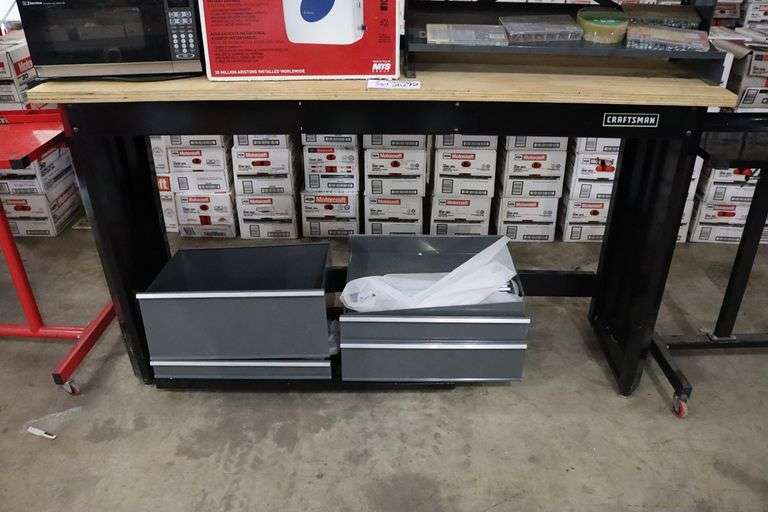 Craftsman 20" x 72" metal framed wood top shop table with drawers that ...