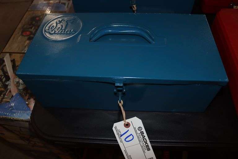 Claas 16" metal tool box with puller parts - Backes Commercial Auctioneers