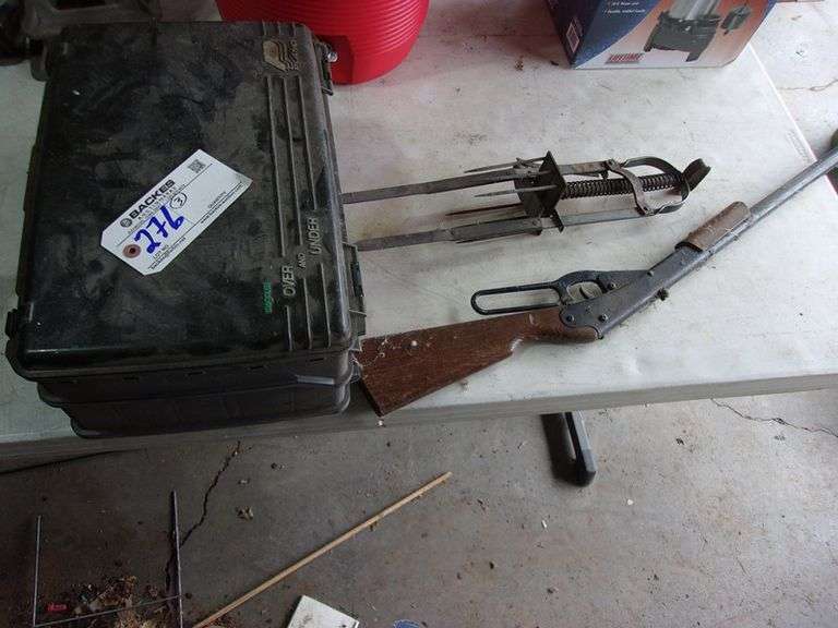 Empty Tackle box, gopher trap and BB gun - Backes Commercial Auctioneers