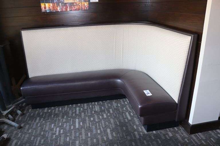 57" x 84" gray vinyl L shaped booth with decorative tweed back - Backes ...