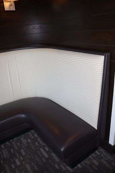 57" x 84" gray vinyl L shaped booth with decorative tweed back - Backes ...
