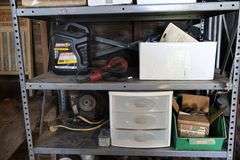 18" x 36" Metal rack with motor, bottle jack, work light, & more - Backes Commercial Auctioneers