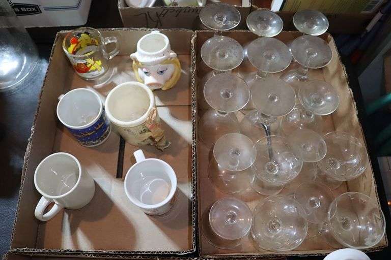 3 boxes to go - Assorted cups, glasses, & more - located in basement - Backes Commercial Auctioneers