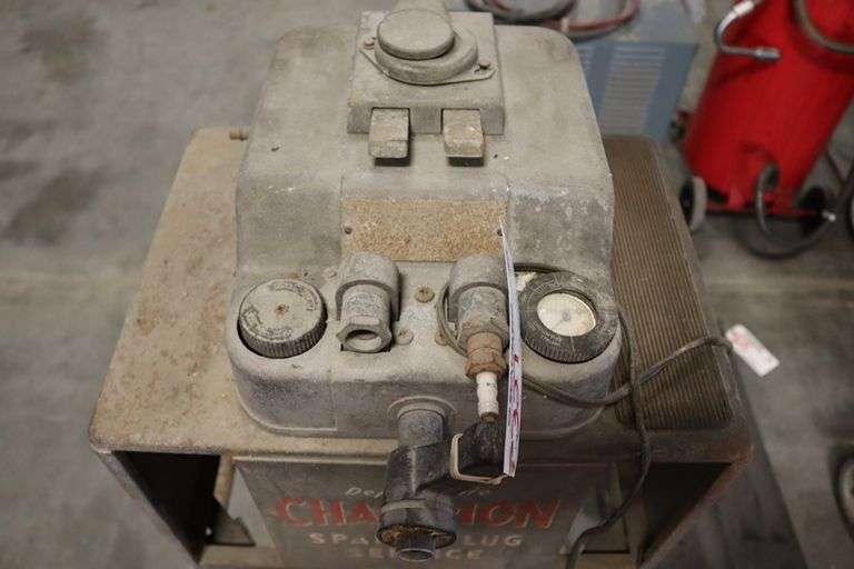 Vintage Champion spark plug service machine on metal stand - Backes ...