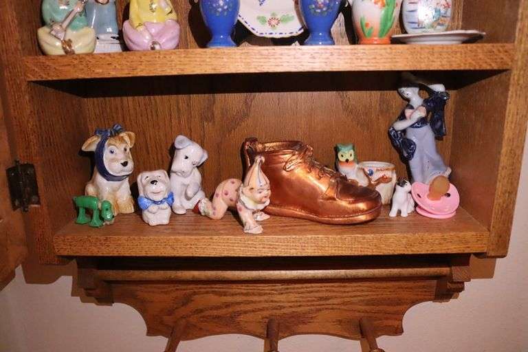 17" x 38" shadow box WITH inventory - figurines and glassware - some is ...