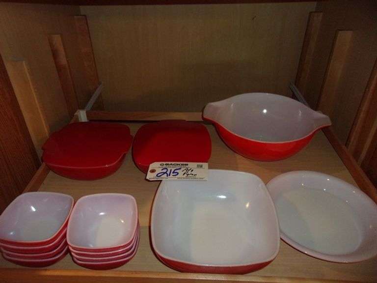 Red Pyrex dishes - Backes Commercial Auctioneers