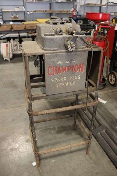 Vintage Champion spark plug service machine on metal stand - Backes ...