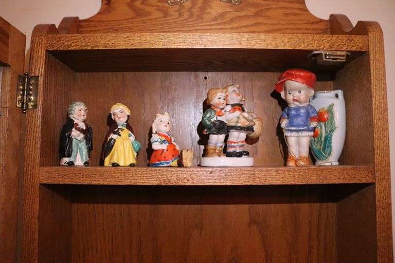 17" x 38" shadow box WITH inventory - figurines and glassware - some is ...