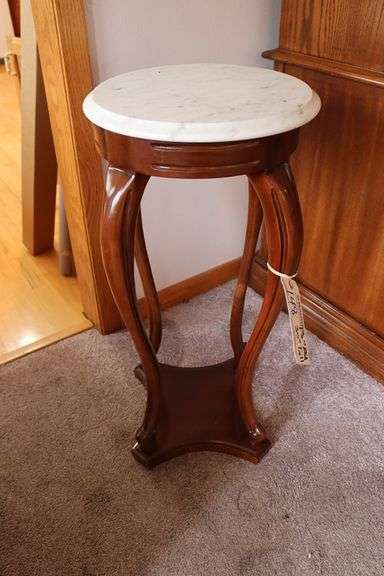 13" round x 30" tall marble top stand with ornate base - Backes ...