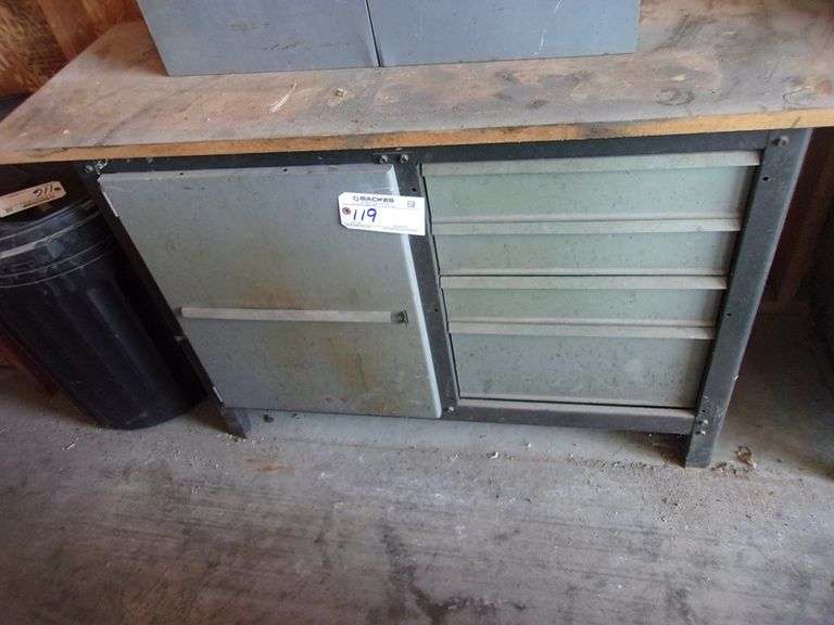 Metal work bench with wood top - Backes Commercial Auctioneers