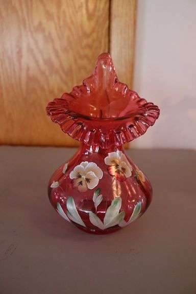 Set of 5 - Fenton hand painted and signed - Pansies on Cranberry Jack ...