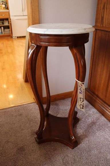 13" round x 30" tall marble top stand with ornate base - Backes ...