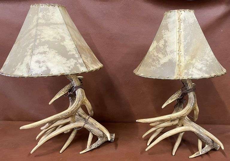 (2) Deer Antler Table Lamps w/ Rawhide Shades, Does Work - ELCO Auctions