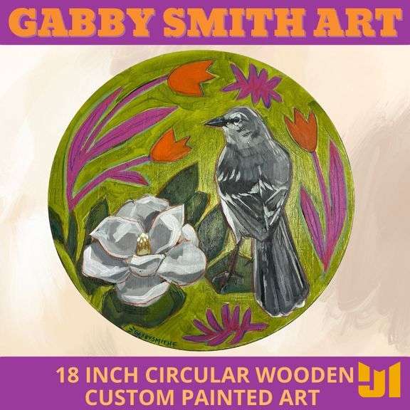 15" CIRCULAR WOODEN CUSTOM PAINTED ART BY GABBY SMITH , - Jeff Martin Auctioneers, Inc.