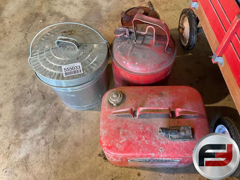 THREE GAS CANS, METAL BUCKET WITH LID - Freije & Freije Auctioneers