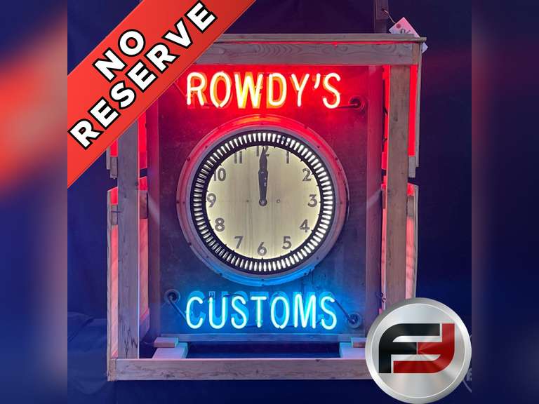 ROWDY'S CUSTOMS, HANGING NEON SIGN WITH CLOCK, DOUBLE-SIDED, 30” X ...