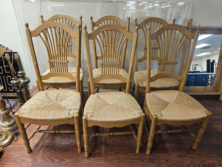 6) Farmhouse Style Wheat Sheaf Back Rush Seated Dining Chairs - BidSells