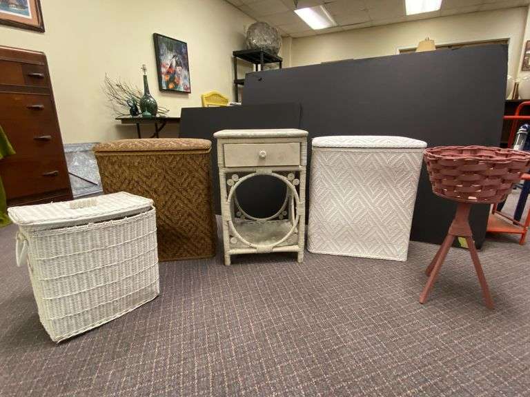 Assorted Hampers, Side Table and Woven Tripod Plant Stand - BidSells