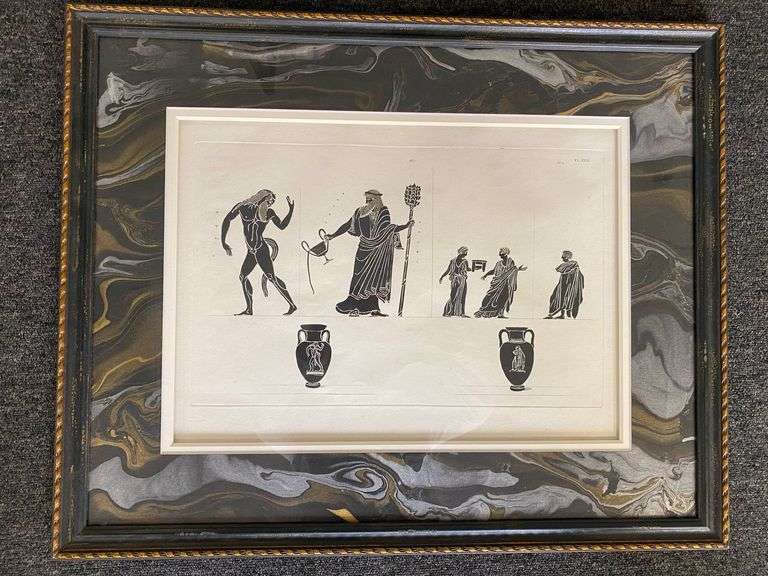 Framed Black & White Greek Engraving on Paper - BidSells