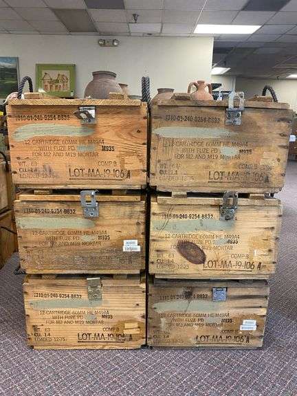 6) Vintage Wooden Ammunition Crates for Tank Mortars - BidSells