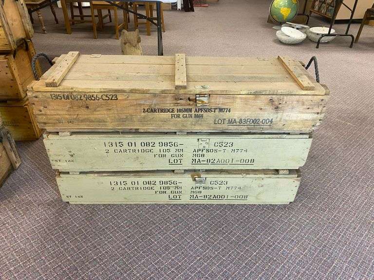 3) Vintage Wooden Ammunition Crates for M68 Tank - BidSells