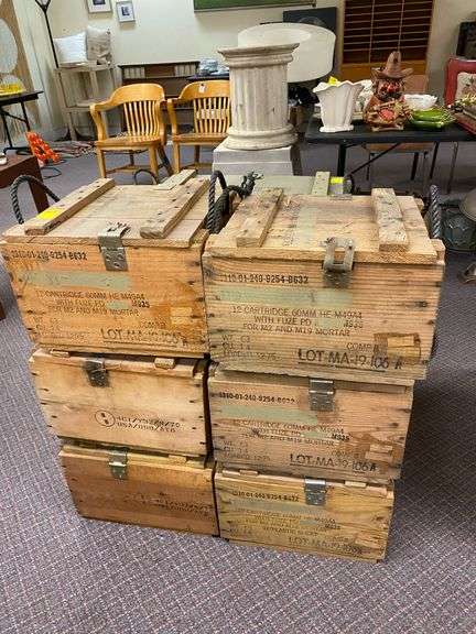 6) Vintage Wooden Ammunition Crates for Tank Mortars - BidSells