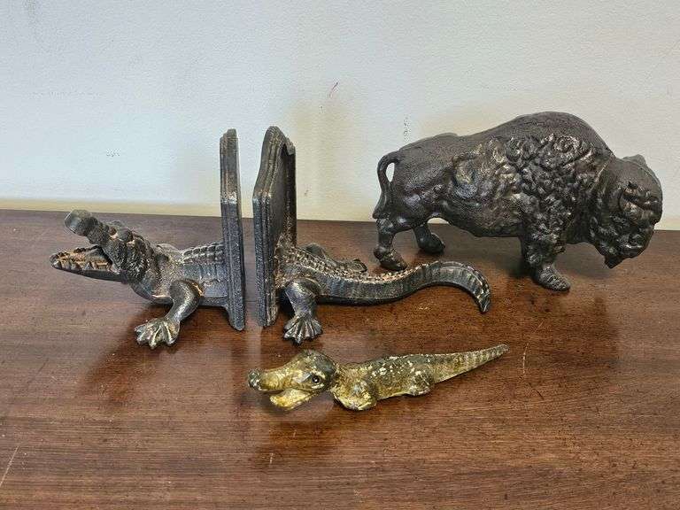 Cast Iron Buffalo Figure, Alligator Bookends And Alligator Bottle ...