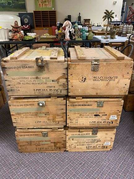 6) Vintage Wooden Ammunition Crates for Tank Mortars - BidSells