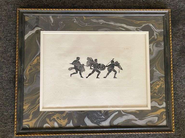 Framed Black & White Spartan Engraving on Paper - BidSells
