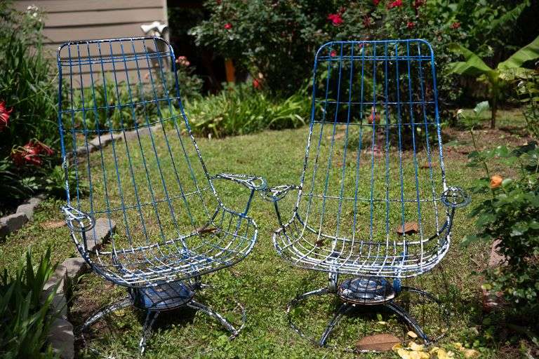 Pair of MCM Blue Homecrest Wireframe Swivel Rocking Patio Chairs ...
