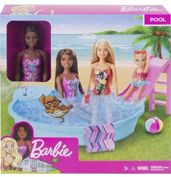 Barbie Doll with Brown Hair Pool Playset with Kitten and Slide, Floats ...